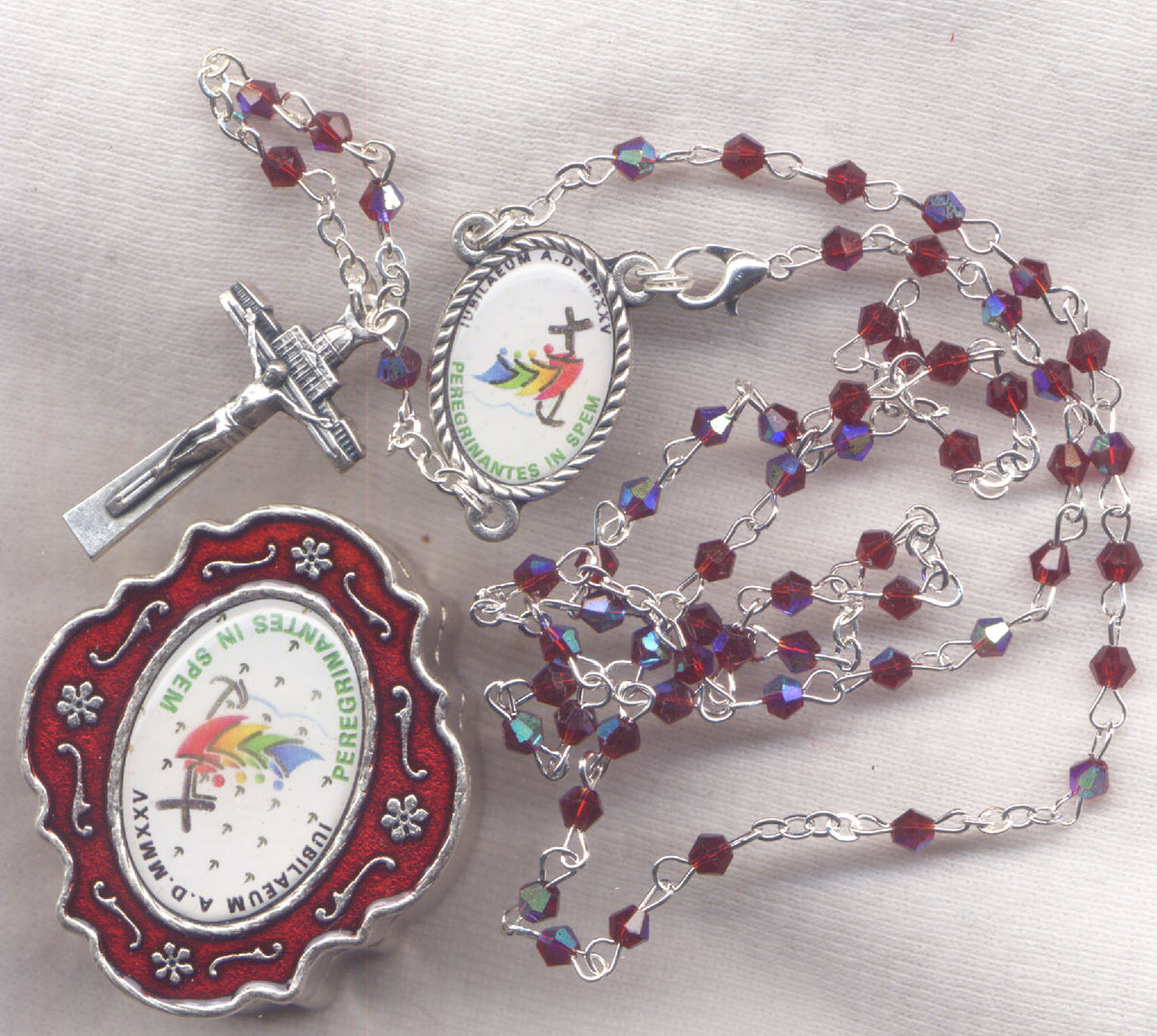 Jubilee 2025 Rosary Faceted Ruby Crystal with Red Enamel Logo Box JB07