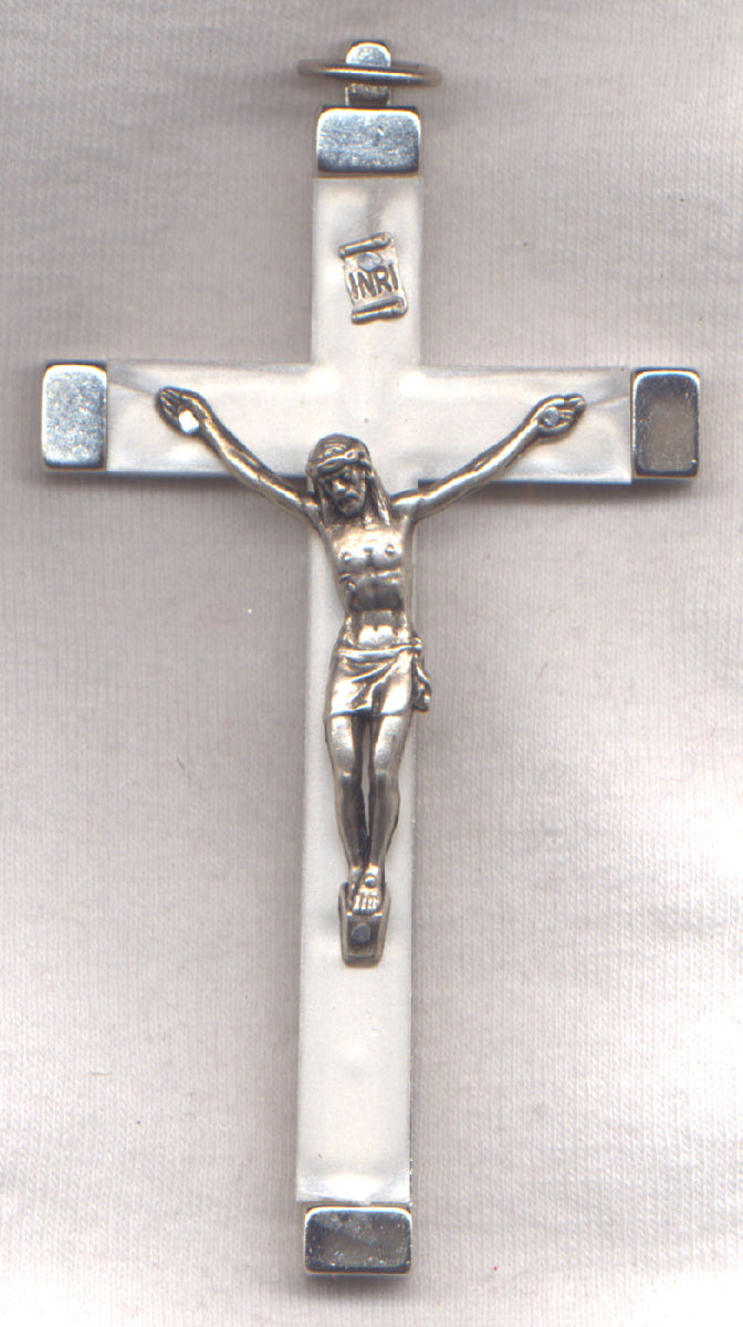 White Wall Crucifix with shiny white inlay 3.5 inch Bon32