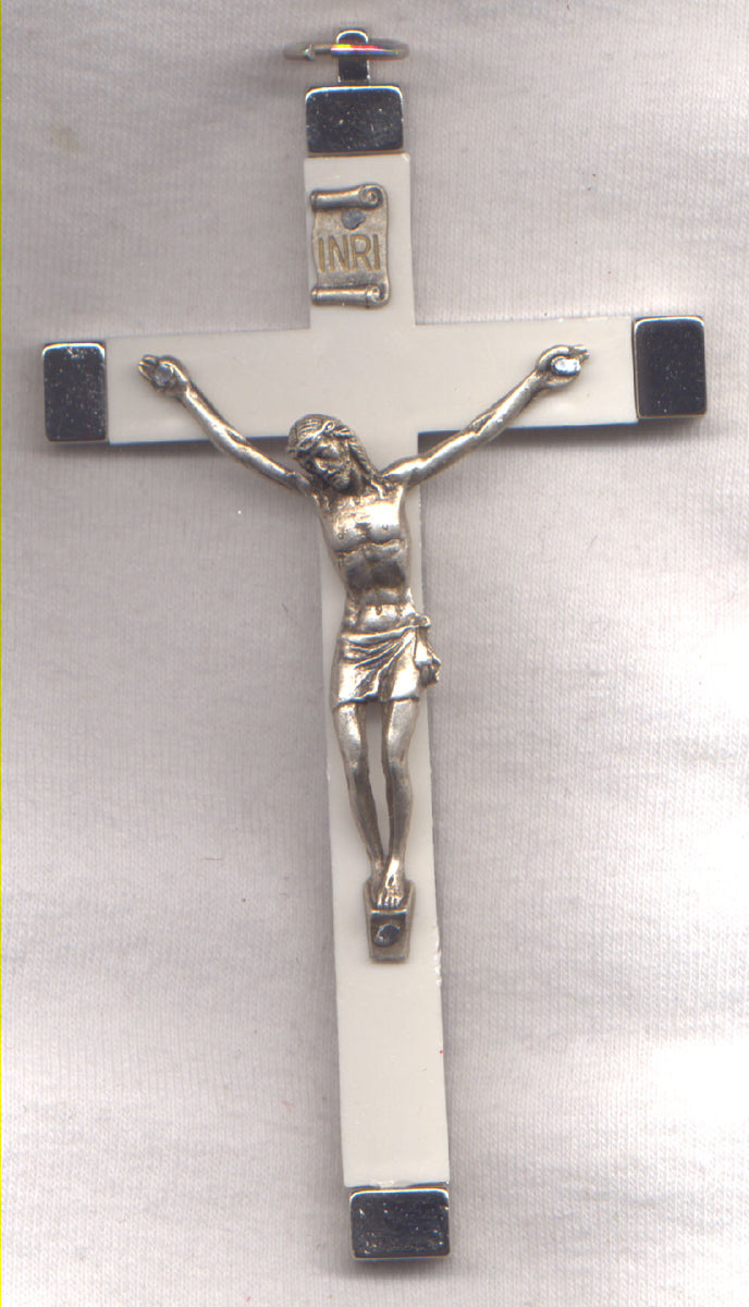 White Wall Crucifix with shiny white inlay 4.5 inch Bon33
