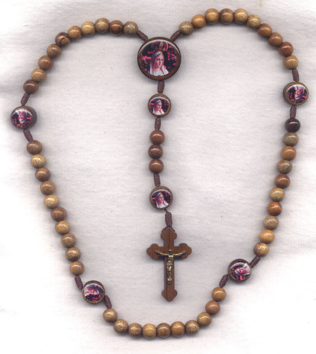 Our Lady of Fatima Brown Wood Bead Cord Rosary CD18