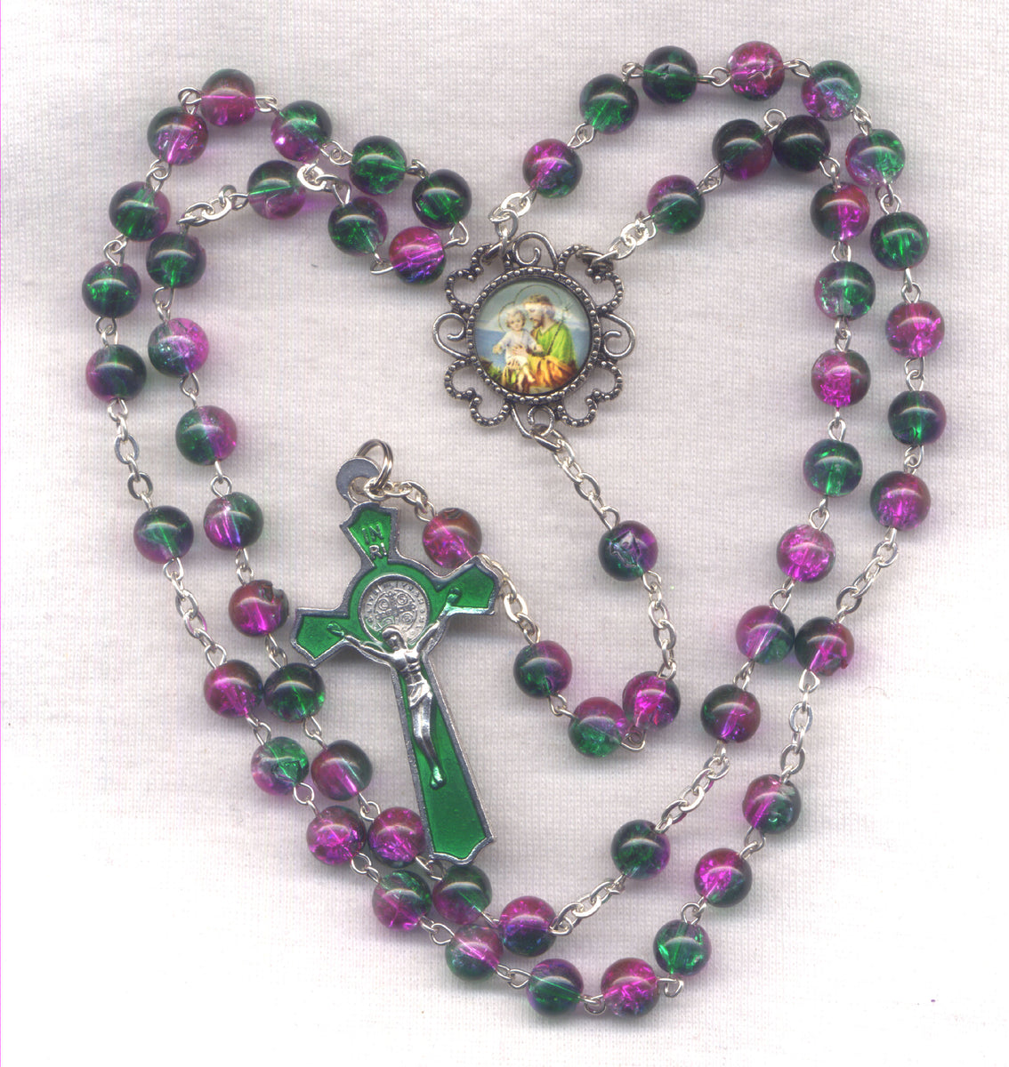 St Joseph Rosary Green and Pink Crackle Glass Bead GR101B